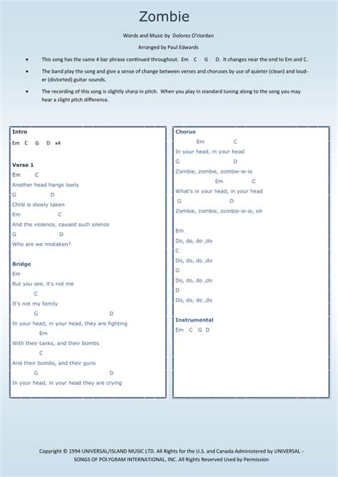 Zombie Arr Paul Edwards By The Cranberries Sheet Music For Guitar