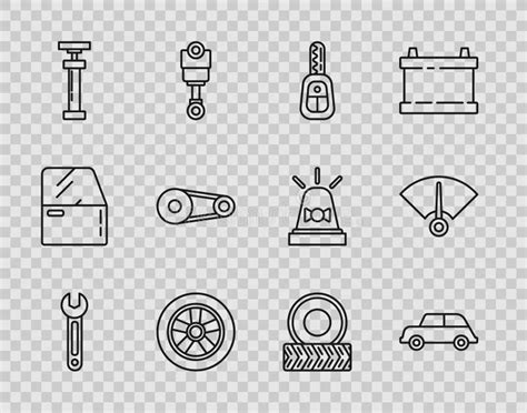 Set Line Wrench Car Key With Remote Wheel Timing Belt Kit And Speedometer Icon Vector
