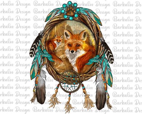 Western Fox Native Dream Catcher With Gemstone Png Sublimation Design
