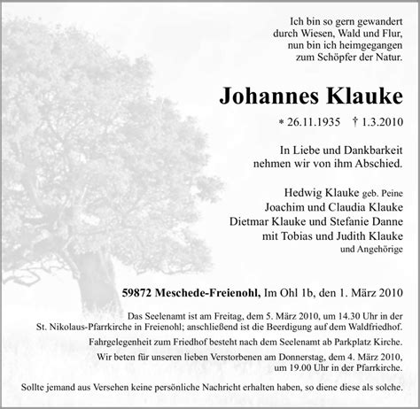 Traueranzeigen Von Johannes Klauke Trauer In Nrw De