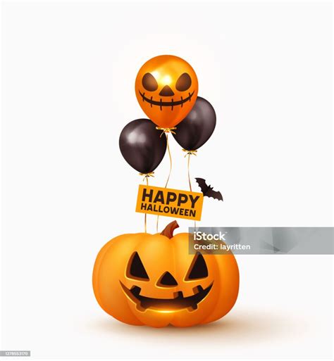 즐거운 할로윈 보내세요 무서운 미소 헬륨 공기 풍선 및 비행 박쥐와 현실적인 3d 오렌지 호박축제 배경 홀리데이 포스터 전단지 브로셔 및 템플릿 커버 벡터 일러스트레이션