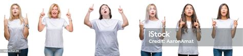 고립 된 배경 위에 흰색 T 셔츠를 입고 여자의 그룹의 콜라주 깜짝 놀라게 하 고 손가락으로 가리키고 팔을 제기 놀란 다 T 셔츠에 대한 스톡 사진 및 기타 이미지 Istock