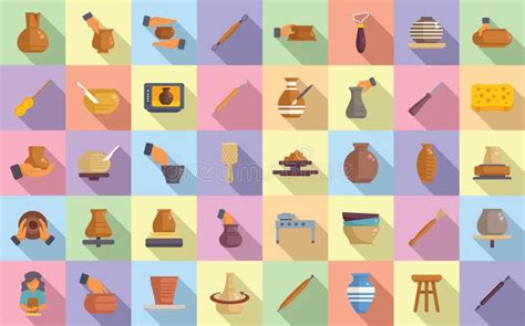 Pottery Class Icons Set Flat Vector Artist Craft Stock Illustration