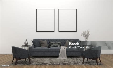 이미지를 위해 벽에 빈 프레임이 있는 현대적인 거실의 3d 렌더링 거실에 대한 스톡 사진 및 기타 이미지 거실 모던 양식 0명 Istock