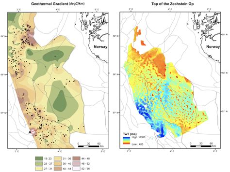 Maps Showing The Geothermal Gradient ̊c Km And The Top Of The Download Scientific Diagram
