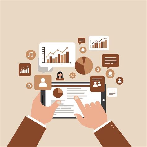 Business Analytics Data Visualization On Tablet With Hands Analyzing Charts And Social Icons