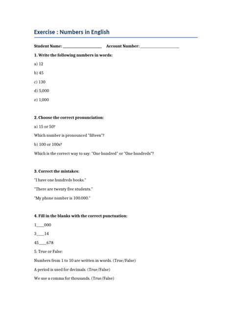 numbers exercise pdf