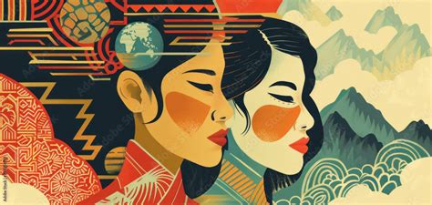 An Illustration Of Three Asians Faces In Profile Styled As An Art Deco