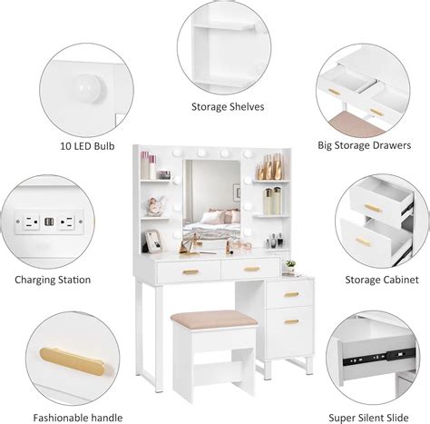 Anwbroad Makeup Vanity Desk Vanity Set With 10 Led Bulbs Lighted Mirror