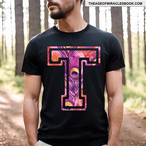Letter T Initial Pink Orange Purple Peacock Feather Design T Shirt