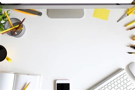 Office Desk With Computer Keyboard Smartphone Coffee Notebook And