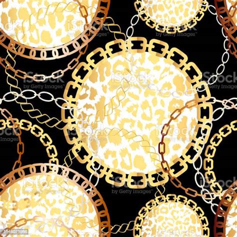 골든 체인과 표범 인쇄와 패션 완벽 한 패턴입니다 체인 금속 액세서리와 패브릭 디자인 배경입니다 패션 액세서리와 고급 스러운 선형 인쇄 가죽에 대한 스톡 벡터 아트 및 기타