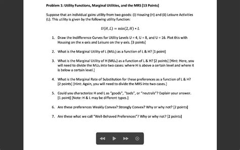 Solved Problem 1 Utility Functions Marginal Utilities And