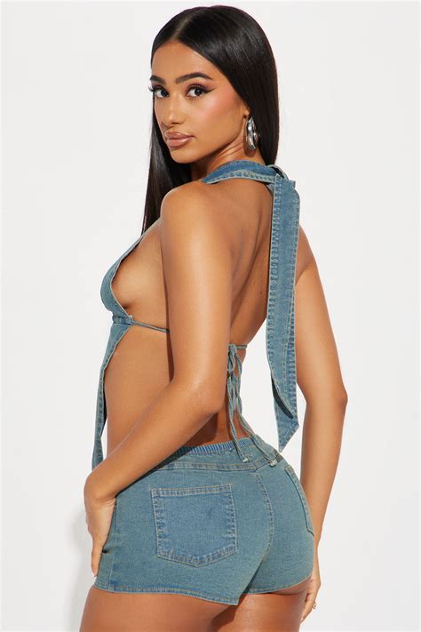 Janet Denim Booty Short Set Medium Wash Fashion Nova