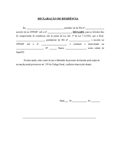 Declaração De Residência Modelo Pdf