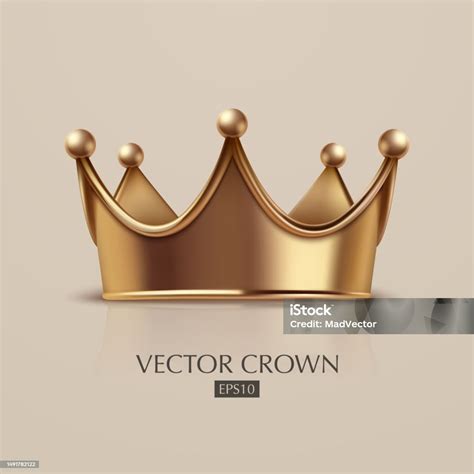 벡터 3d 현실적인 황금 왕관 아이콘 근접 촬영이 격리되었습니다 노란색 금속 크라운 디자인 템플릿입니다 골드 로얄 킹 크라운 제국의 힘의 상징 사치 부와 권력 앞 View