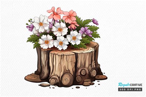 Watercolor Flowers On Tree Stump Png Graphic By Regulrcrative Creative Fabrica