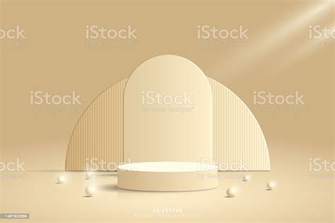사실적인 갈색 3d 실린더 연단 받침대 무대 아치 모양 반원 배경 및 빛나는 구체 공으로 렌더링된 스튜디오 룸의 3d 배경 제품 진열장을 위한 최소한의 벽 장면 0명에 대한
