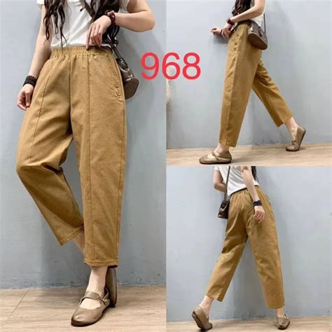 กางเกงขากระบอกเล็กติดกระดุุมทรงบอยผู้หญิงเป็นผ้าฝ้ายผสมลินิน สีพื้นสวยๆ เอวยางยืด36นิ้ว ขนาด