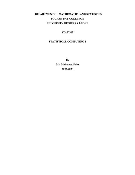 Stat 315 Lecture Note Department Of Mathematics And Statistics Fourah Bay Colllege University