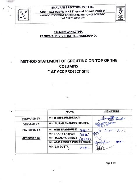 Method Statement Of Grouting On Top Of Columns At Acc Pdf Secondary Sector Of The Economy