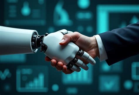 A Robot Shaking Hands With A Robot In The Background Premium Ai