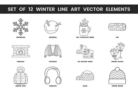 12 개의 겨울 라인 아트 벡터 요소 세트입니다 겨울 테마와 라인 아트 벡터 스타일이 있는 벡터 일러스트레이션입니다 편집 가능한