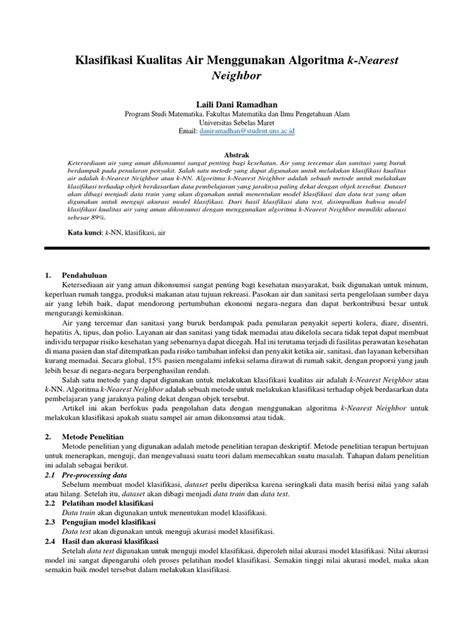 Klasifikasi Kualitas Air Menggunakan Algoritma K Nearest Neighbor Pdf