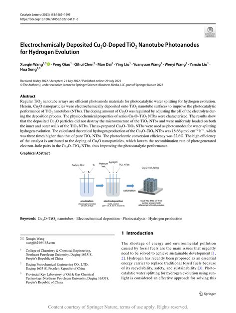 Electrochemically Deposited Cu2o Doped Tio2 Nanotube Photoanodes For Hydrogen Evolution