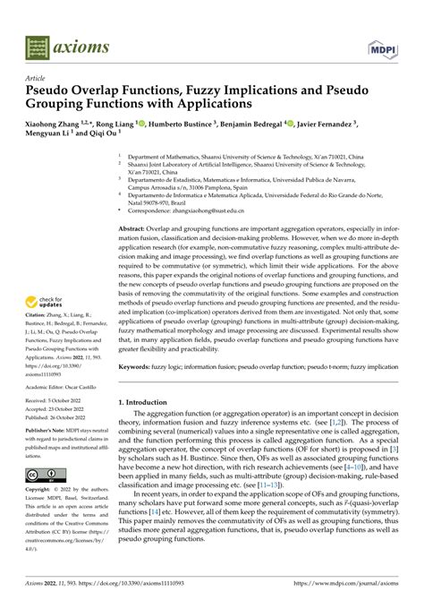 Pdf Pseudo Overlap Functions Fuzzy Implications And Pseudo Grouping Functions With Applications