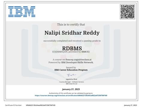 Sridhar Reddy Nalipi On Linkedin Certificate Ibm Rdbms Databasemanagement Sql Dataskills