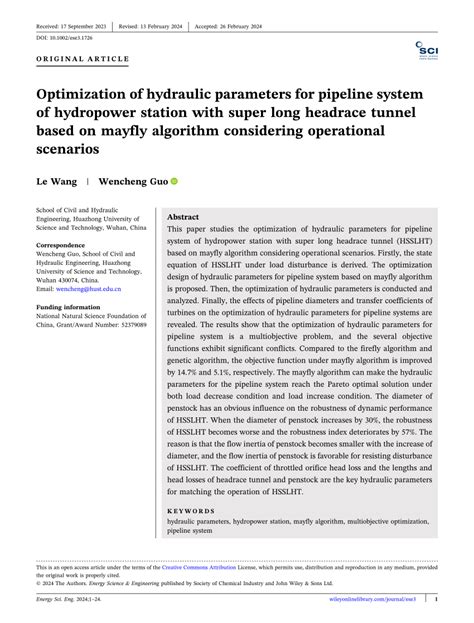 Pdf Optimization Of Hydraulic Parameters For Pipeline System Of Hydropower Station With Super