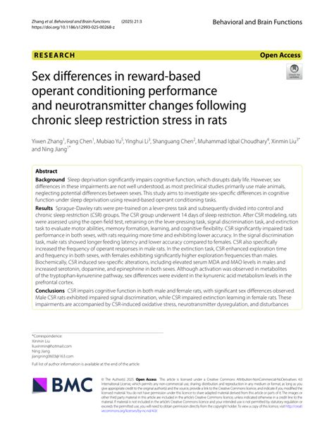 Pdf Sex Differences In Reward Based Operant Conditioning Performance