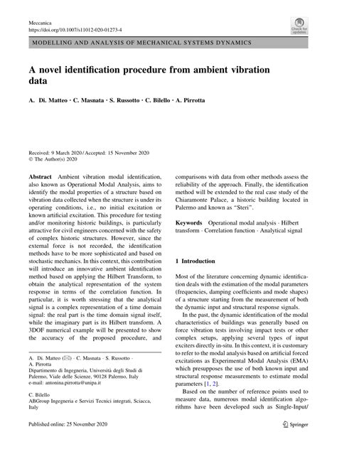 Pdf A Novel Identification Procedure From Ambient Vibration Data