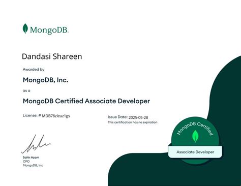 Earned Mongodb Certified Associate Developer Badge Shareen Dandasi