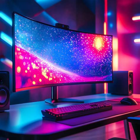 colorful computer screen on a desk with keyboard and mouse ai