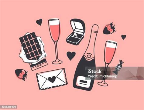 손으로 그린 패션 일러스트 로맨틱 개체 창조적 인 잉크 예술 작품 휴일 사물의 실제 벡터 그림 핑크 배경에 고립 된 해피