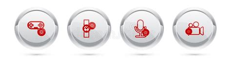 Set Line Gamepad Setting Wrist Watch Microphone And Video Camera Silver Circle Button Stock