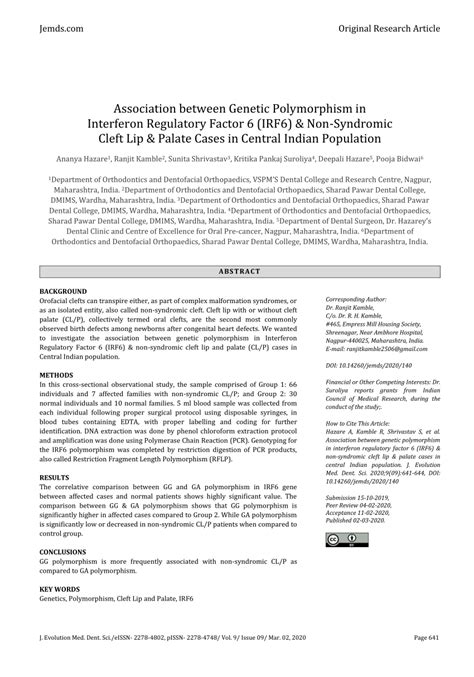 Pdf Association Between Genetic Polymorphism In Interferon Regulatory Factor 6 Irf6 And Non