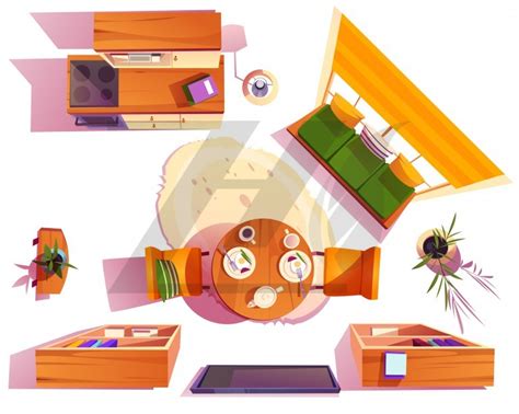 دانلود وکتور ست اتاق ناهارخوری با وسایل آشپزخانه با نمای بالا وآیکون های کارتونی دانلود رایگان