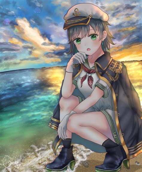 Safebooru 1girl Beach Black Hair Blue Sky Clouds Cloudy Sky Green