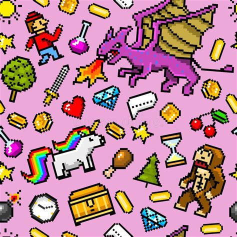 Pixel Art Bit Objects Seamless Pattern Retro Game Assets Set Of Icons Vintage Computer