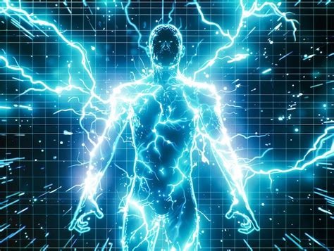 A Man Made Of Light His Body Is An Electric Grid With Blue Lightning