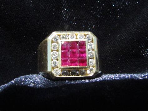 Natural Princess Cut Ruby And Diamond Mens Cluster Rin… Gem