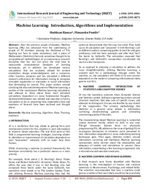 Pdf Irjet Machine Learning Introduction Algorithms And
