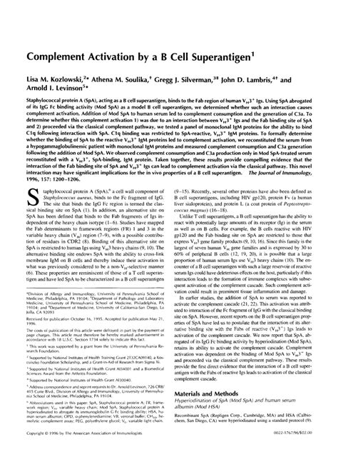 Pdf Complement Activation By A B Cell Superantigen