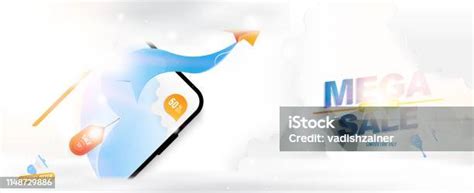 모업 스마트폰에서 배너 메가 세일 컬러 액체 배경에 종이 비행기와 라우드 스피커가 있는 50 특별 혜택 플랫 벡터 일러스트