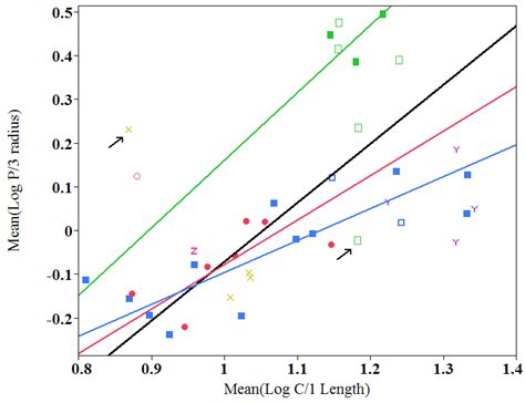Rma Loglog Regression Of P3 Radius On C1 Length Species Averages Download Scientific