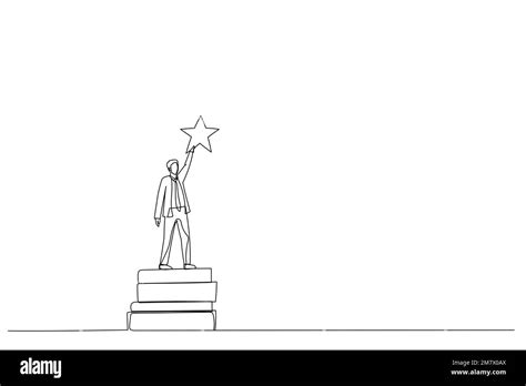 Drawing Of Businessman Reach Out For The Stars By Using Books As The