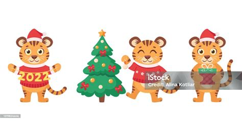 크리스마스 트리와 귀여운 호랑이세트 선물 호랑이의 해 메리 크리스마스와 새해 복 많은 새해 2022 벡터 일러스트레이션 12월에 대한 스톡 벡터 아트 및 기타 이미지